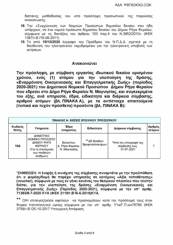 ΠΡΟΣΛΗΨΗ ΕΝΟΣ (1) ΑΤΟΜΟΥ ΜΕ ΣΥΜΒΑΣΗ ΙΔΟΧ ΕΙΔΙΚΟΤΗΤΑΣ Δ.Ε. ΒΟΗΘΩΝ ...